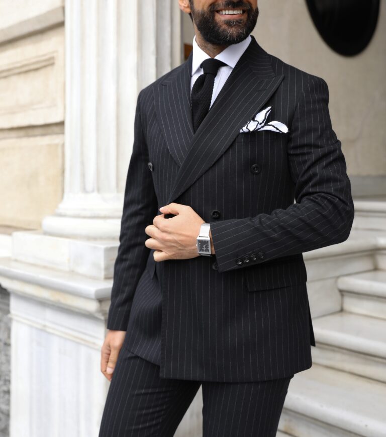 Winchester Square Slim Fit All Black Double Breasted Two Piece Mens
