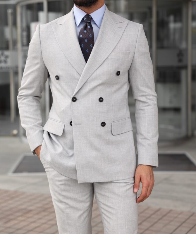 Lear Street Slim Fit Light Grey Double Breasted Men's Two Piece Suit 